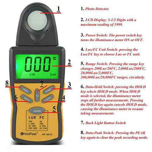 GetUSCart- HOLDPEAK 881C Digital LUX Meter, Measure Range 0.1-200,000 ...