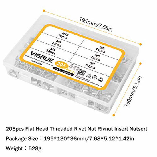 GetUSCart- VIGRUE 205PCS 304 Stainless Steel Rivet Nut Assort Set Flat Head Threaded Rivetnut ...