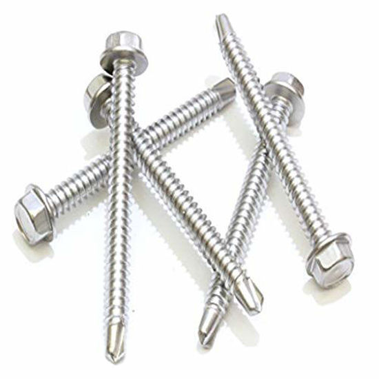 GetUSCart- #14 X 2'' Stainless Hex Washer Head Self Drilling Screws, (50 pc), 410 Stainless ...