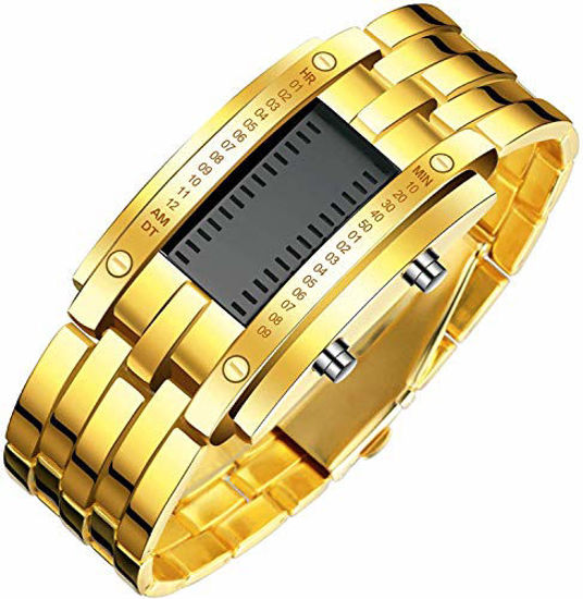 GetUSCart- Classic Mens Binary Square Blue LED Digital Waterproof Watch Gold Plated Stainless ...