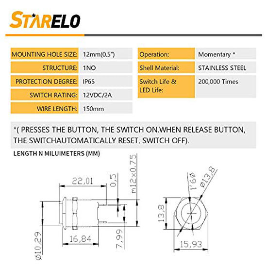 GetUSCart- Starelo 5pcs 12mm Momentary Push Button Switch Black Shell with pre-Wiring, IP65 ...
