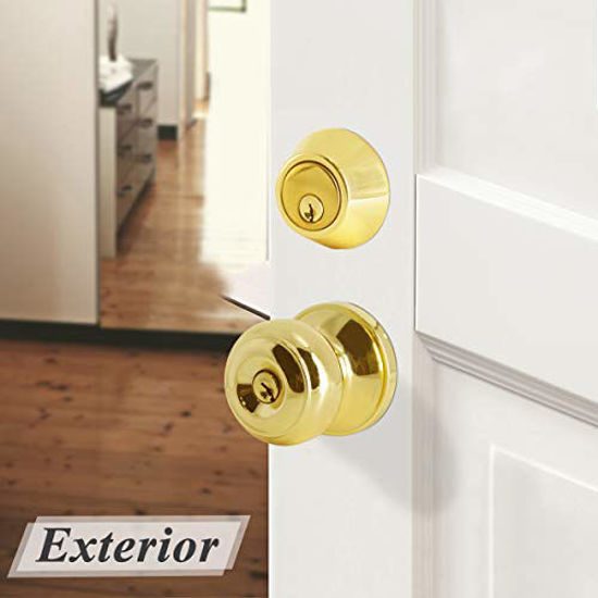 GetUSCart- Probrico Polished Brass Entry Door Knob Lock Set and Single Cylinder Deadbolt ...