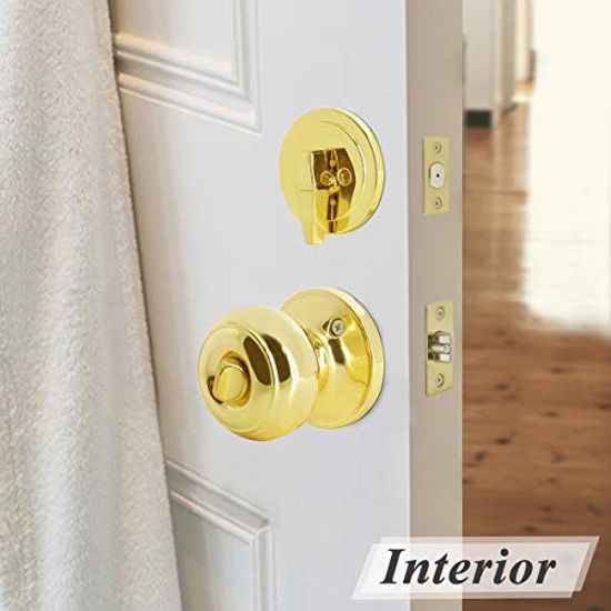 GetUSCart- Probrico Polished Brass Entry Door Knob Lock Set and Single Cylinder Deadbolt ...