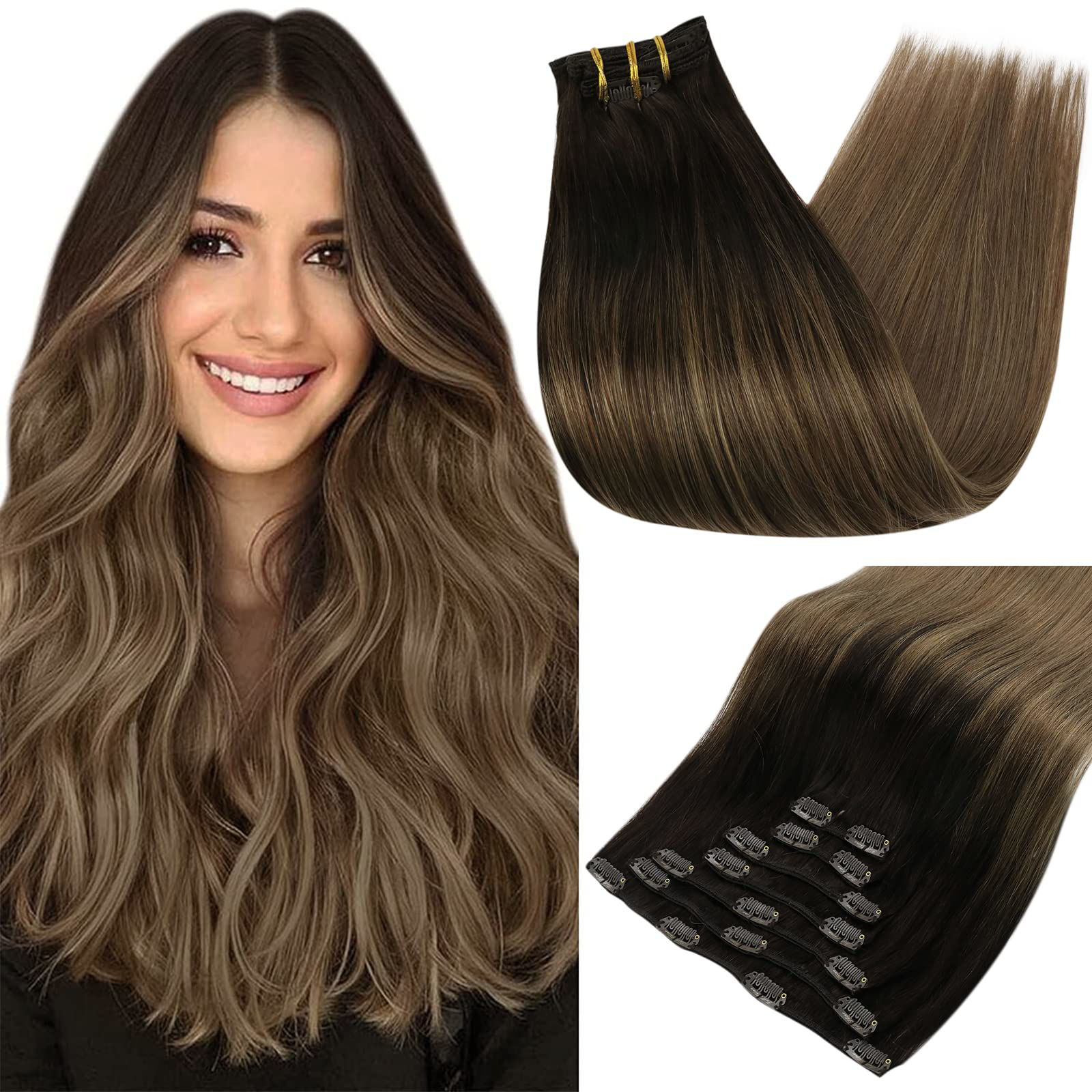 GetUSCart- Full Shine Balayage Clip in Hair Extensions 16 Inch Color 2 ...