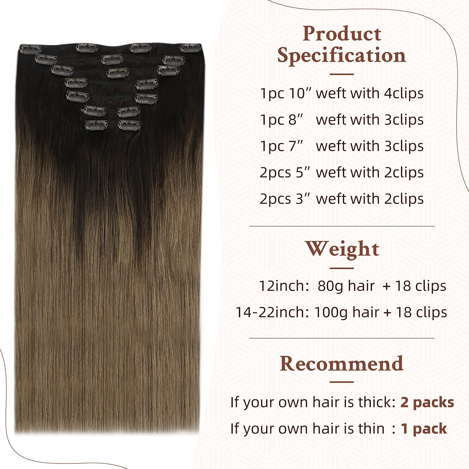 GetUSCart- Full Shine Balayage Clip in Hair Extensions 16 Inch Color 2 ...