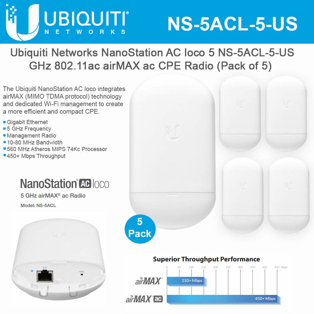 GetUSCart- NanoStation Loco 5AC 5-Pack NS-5ACL-5-US 5GHz 802.11ac airMAX ac CPE Radio