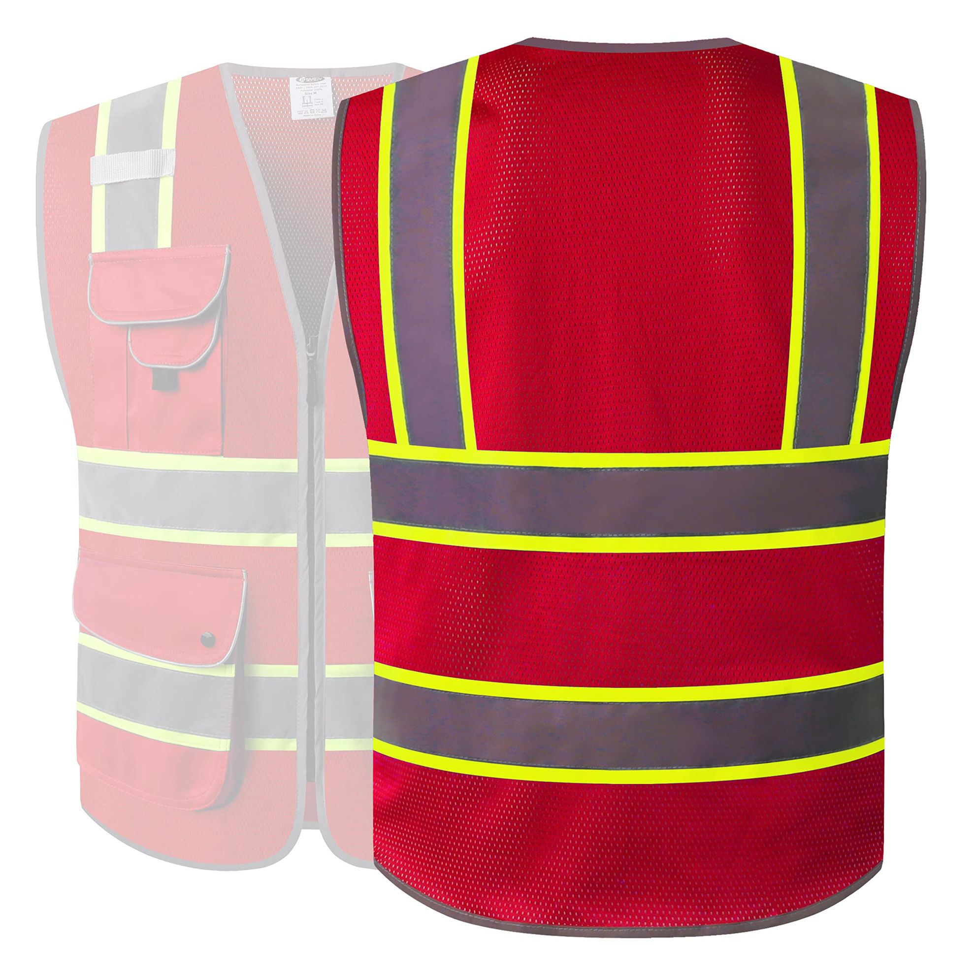 GetUSCart- JKSafety 9 Pockets Hi-Vis Neon Red Zipper Front MESH Safety ...