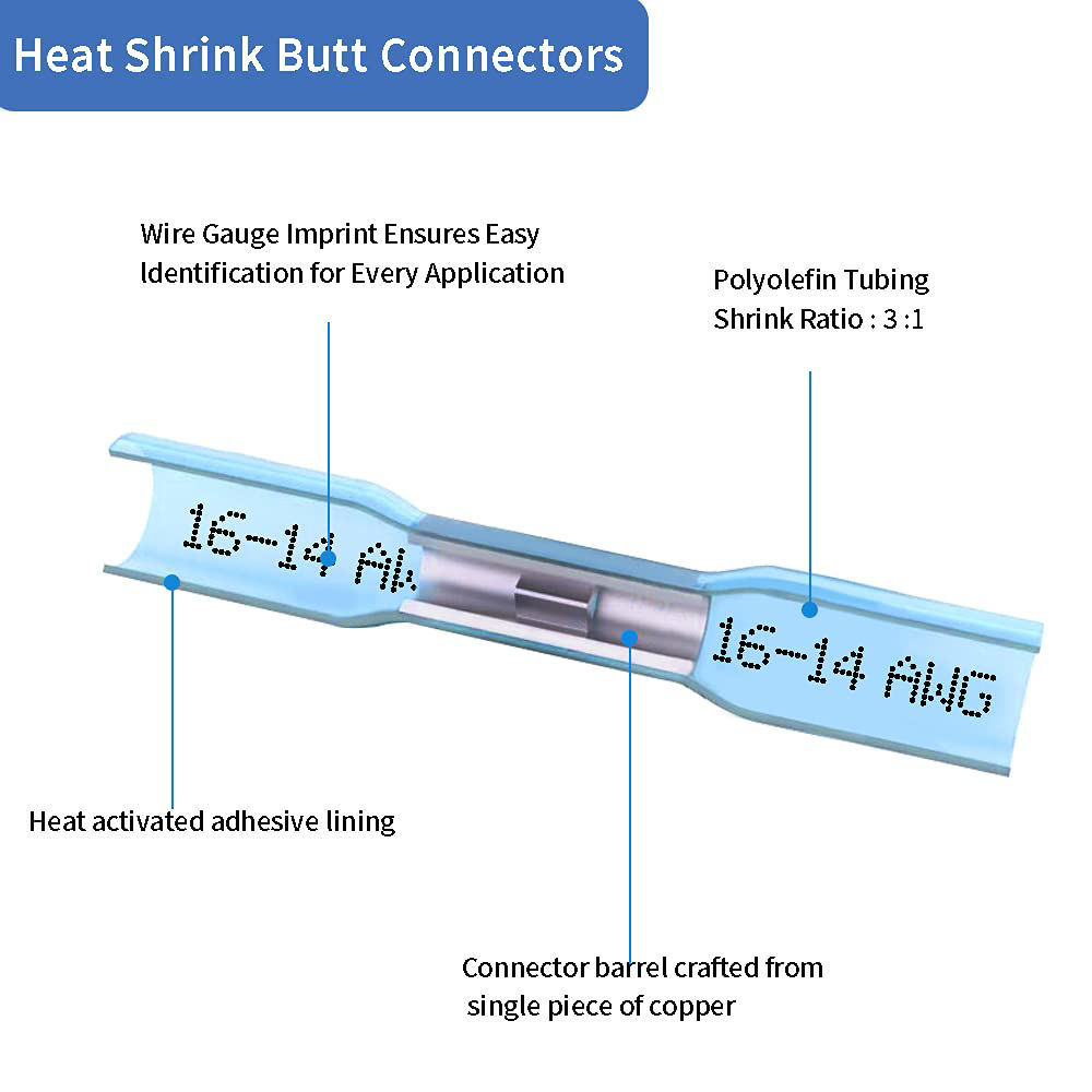 GetUSCart- 100 Pcs Blue Heat Shrink Butt Connectors, 16-14 AWG ...