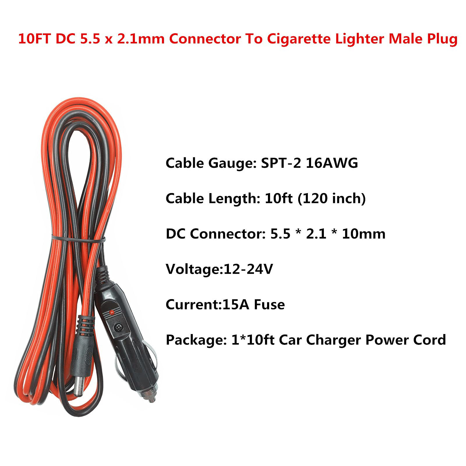 GetUSCart- DC 5.5 x 2.1mm Connector Car Charger Power Supply Cord 10ft ...