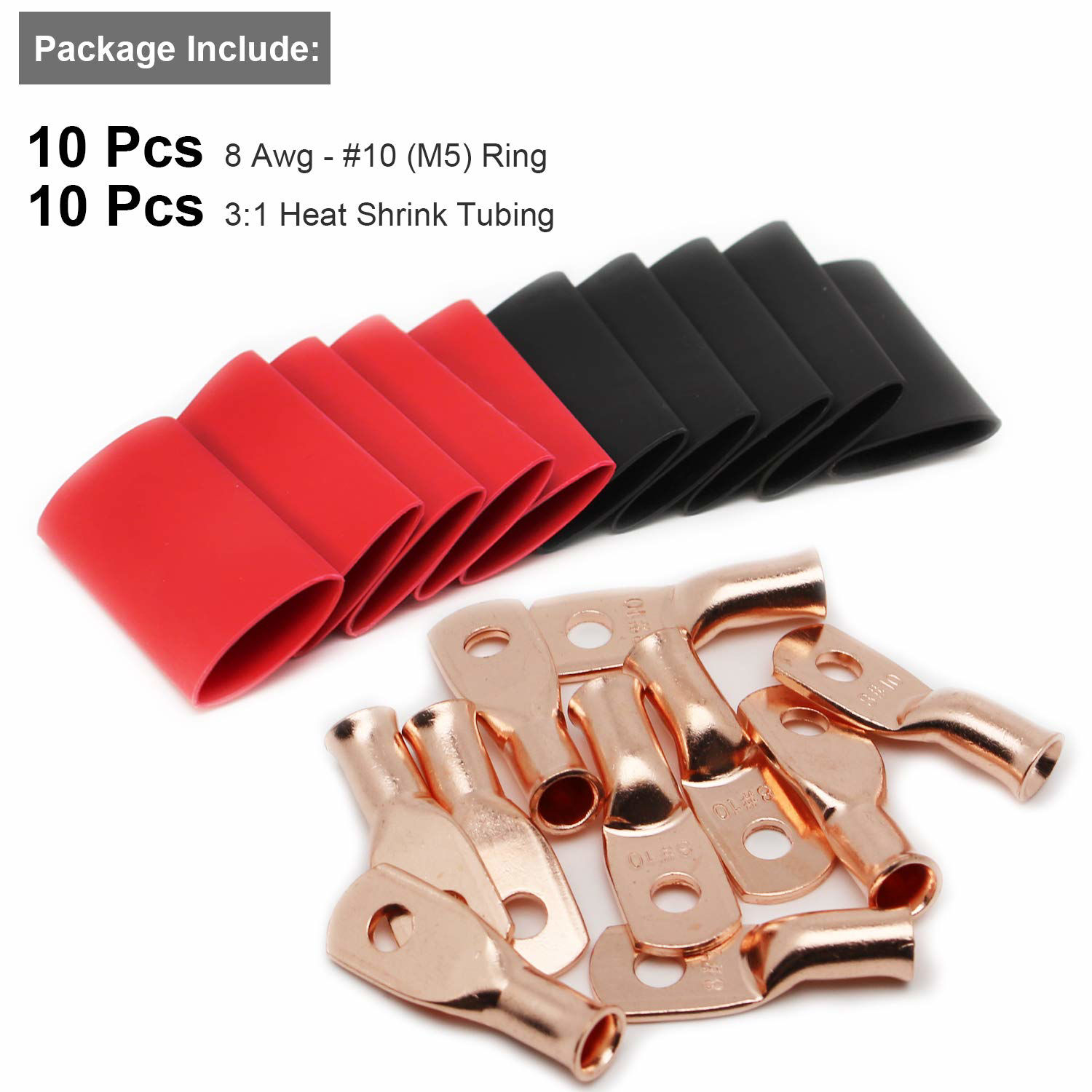 GetUSCart- TKDMR 10pcs 8 AWG-#10 Ring Battery Lugs,with 10pcs 3:1 Heat Shrink Tubing,Battery ...