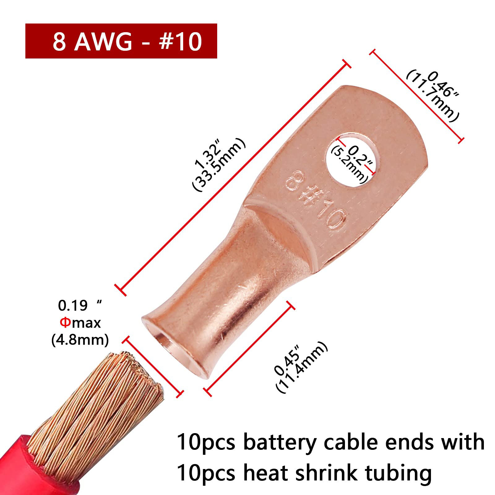 GetUSCart- TKDMR 10pcs 8 AWG-#10 Ring Battery Lugs,with 10pcs 3:1 Heat Shrink Tubing,Battery ...