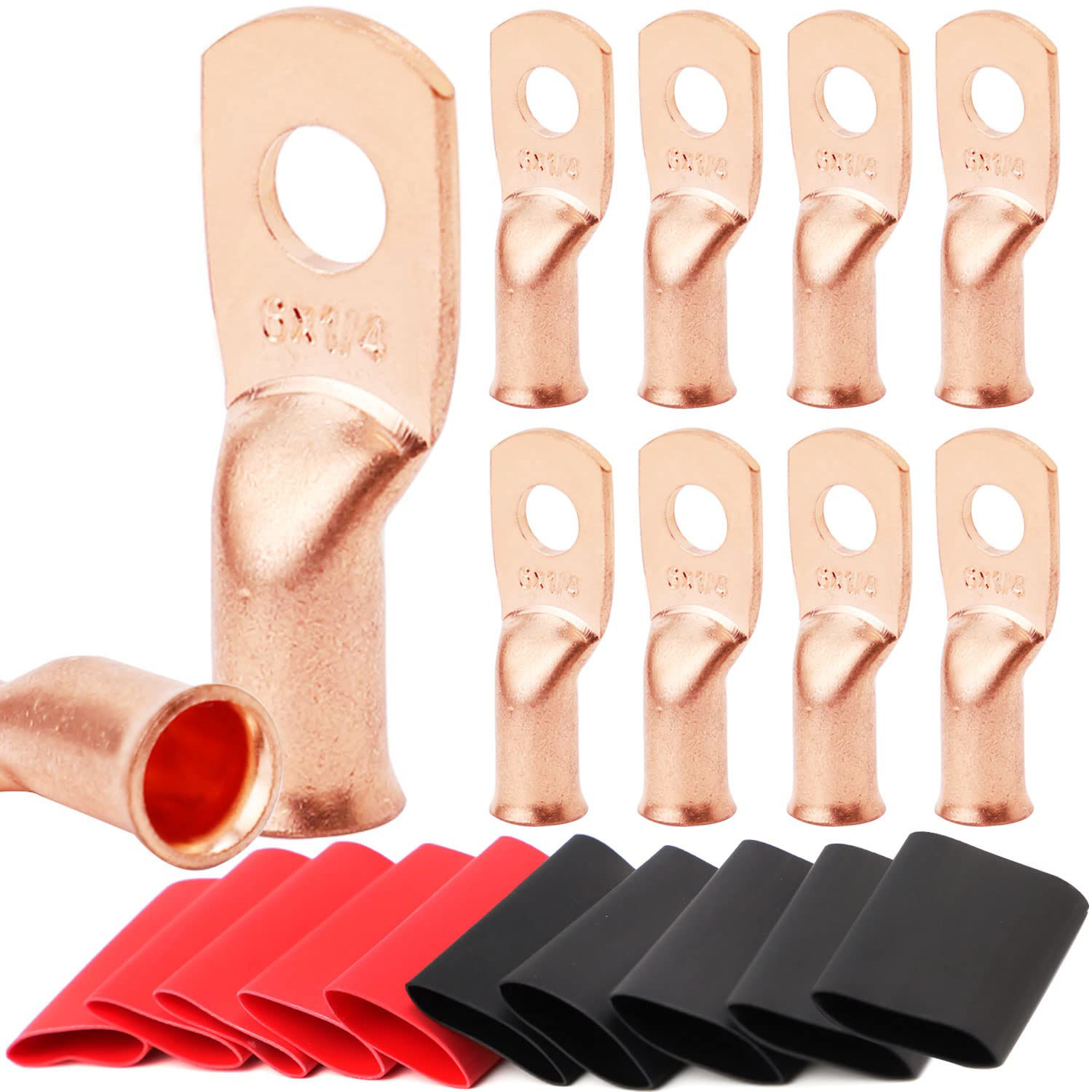 GetUSCart- 10pcs 6 AWG-1/4" Battery Lugs,Copper Wire Lugs,Heavy Duty Battery Cable Ends,Tubular ...