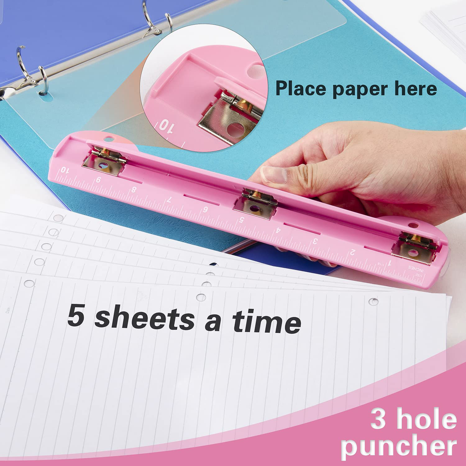 GetUSCart- WORKLION 3 Ring Hole Puncher for Binders,Pink,with 10" Ruler ...