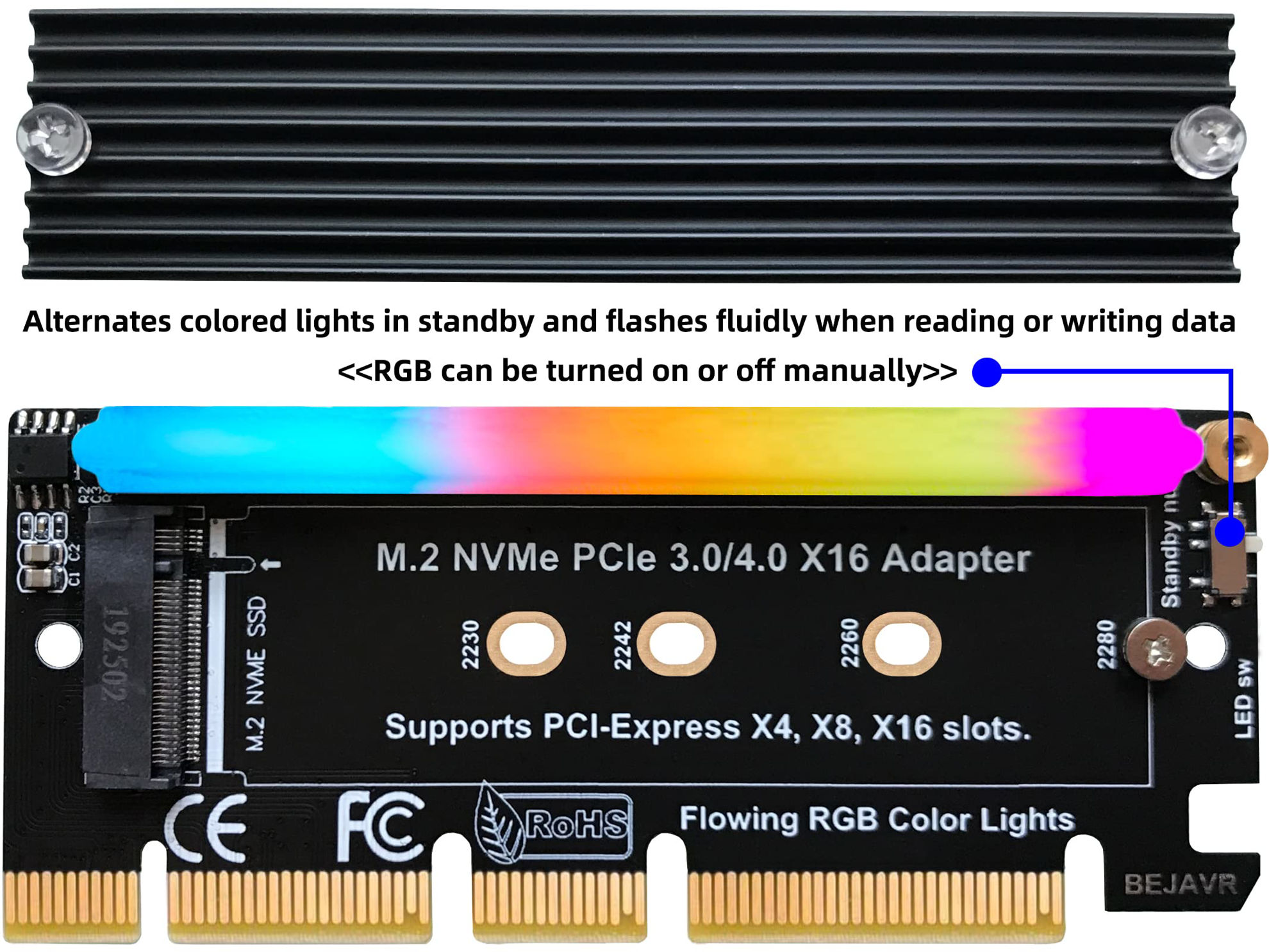 GetUSCart- Bejavr M.2 PCIe NVMe Adapter SSD Expansion Card with RGB Light Bar and Aluminum ...