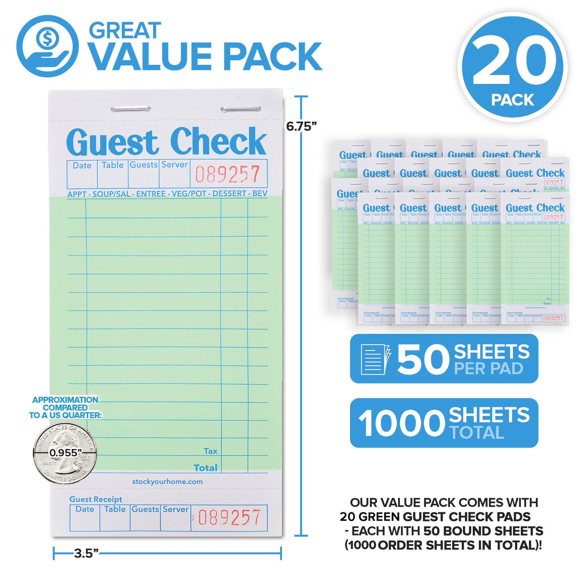 GetUSCart- Stock Your Home Green Guest Check Books for Servers (20 Pack ...