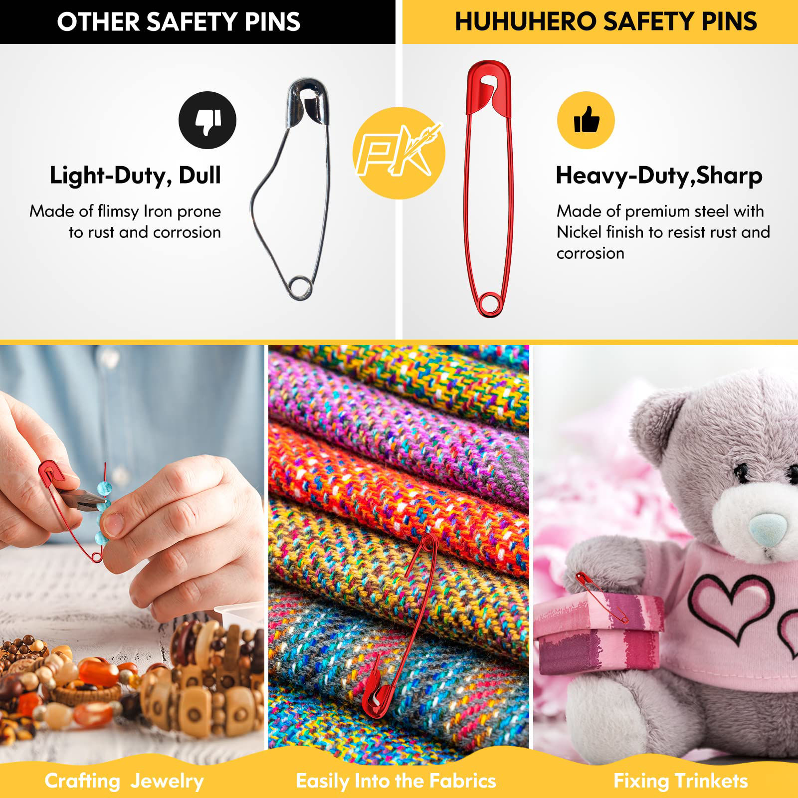 GetUSCart- Safety Pins Assorted, 340 PCS Nickel Plated Steel Safety ...