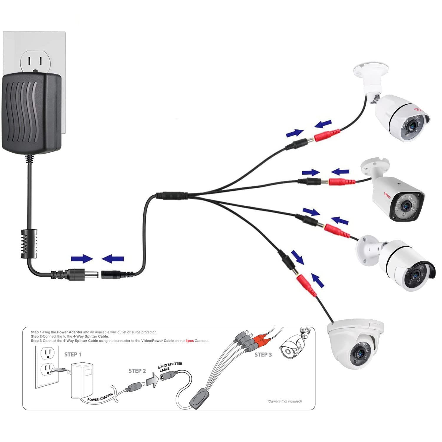 GetUSCart- 2Pack 1 to 4 Way DC Power Splitter Cable Barrel Plug 5.5mm x ...