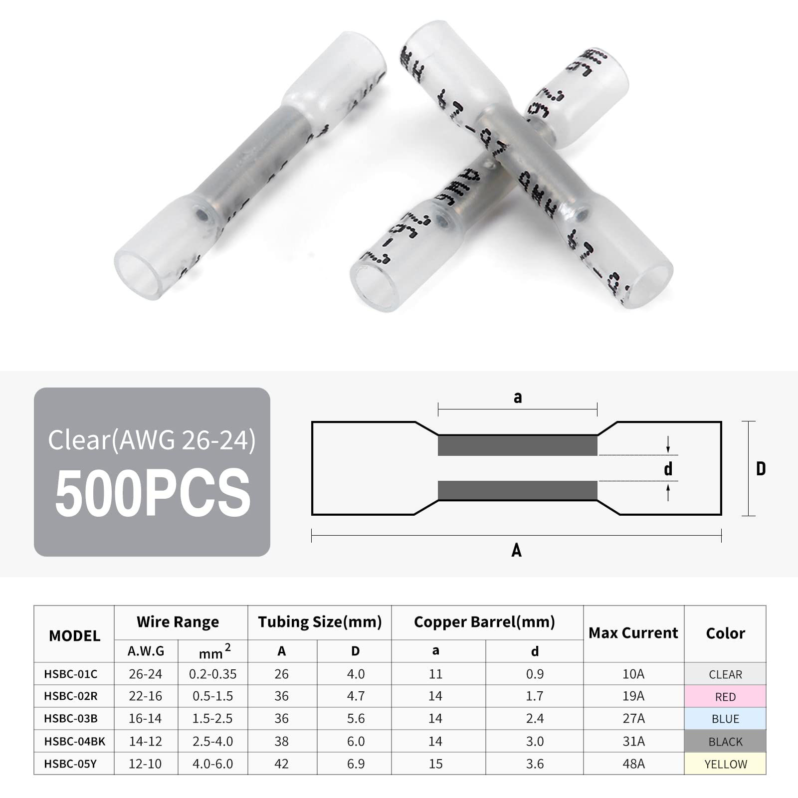 GetUSCart- Heat Shrink Butt Connectors, 500Pcs 26-24 AWG White Insulated Waterproof Electrical ...