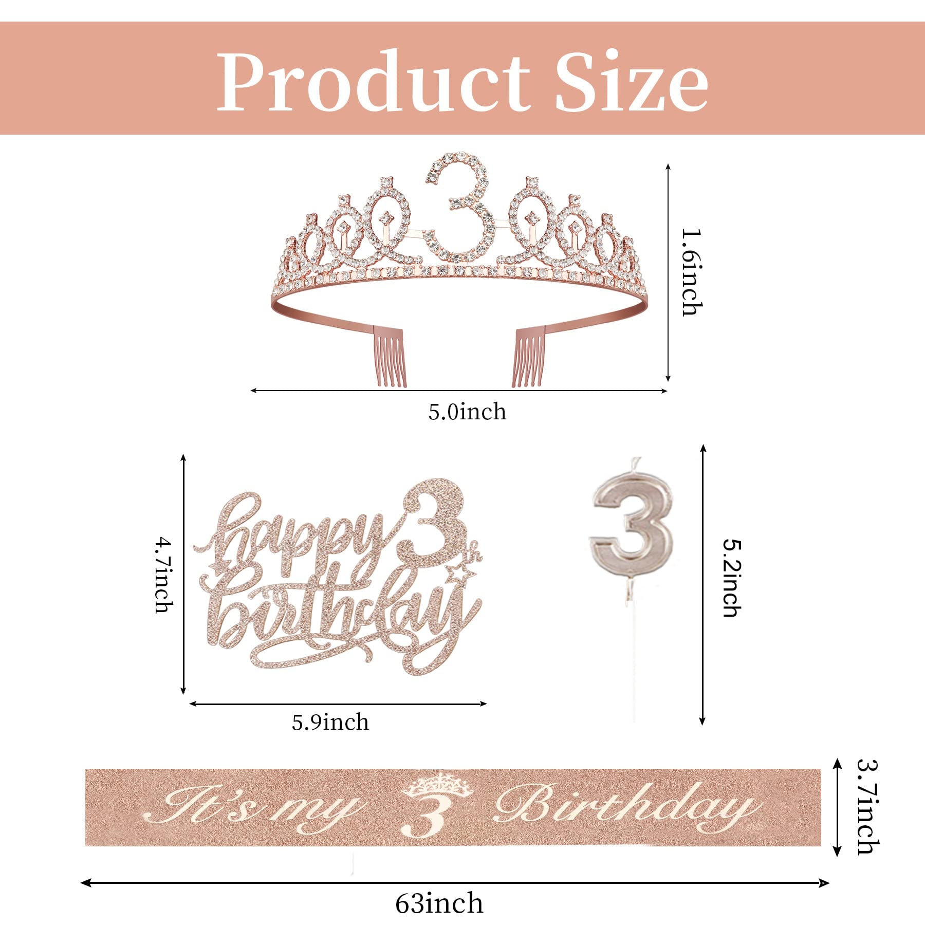 GetUSCart- 3rd Birthday Decorations for girls,3rd Birthday Sash,Crown ...