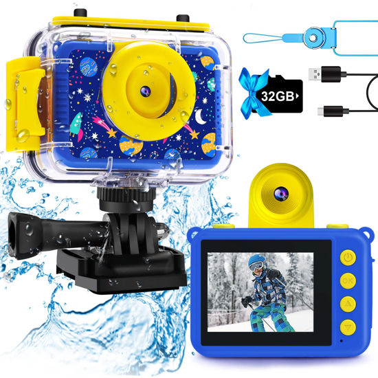 GetUSCart GKTZ Kids Waterproof Camera Toys for 3 12 Years Old Boys Christmas Birthday Gifts Kids Selfie Camera Toddler Underwater Sports Camera Children Digital Action Camera with 32GB Card Dark Blue