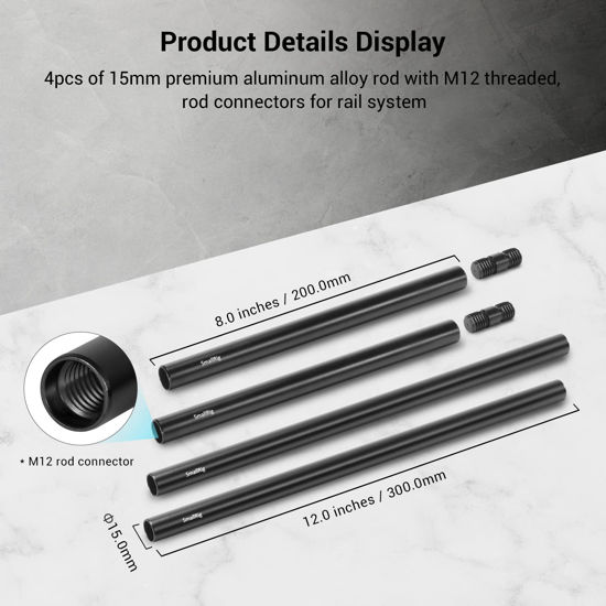 GetUSCart- SmallRig 15mm Rods Pack, 15mm Tube with M12 Thread Rod Cap ...