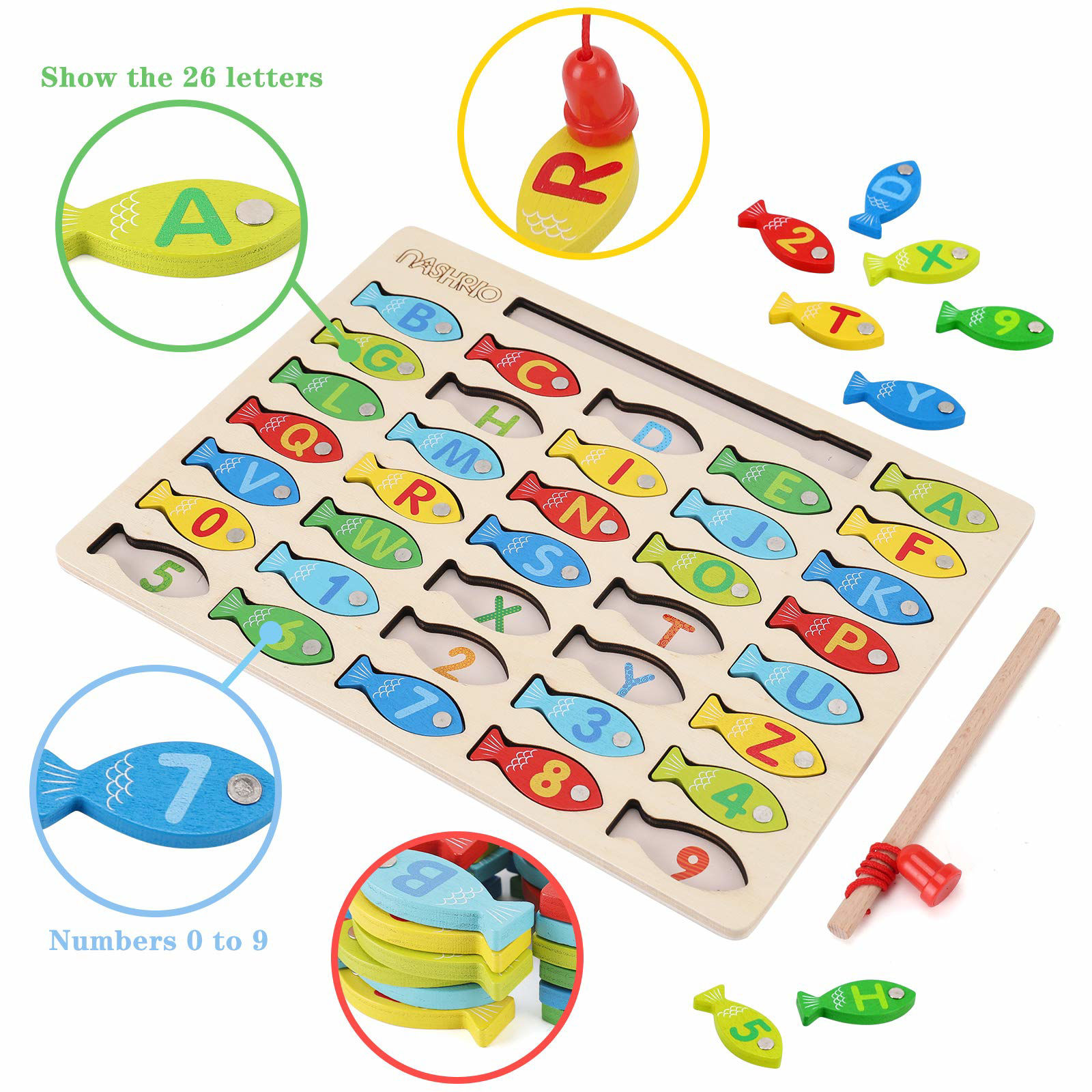 GetUSCart- Magnetic Wooden Fishing Game Toy for Toddlers, Alphabet Fish ...
