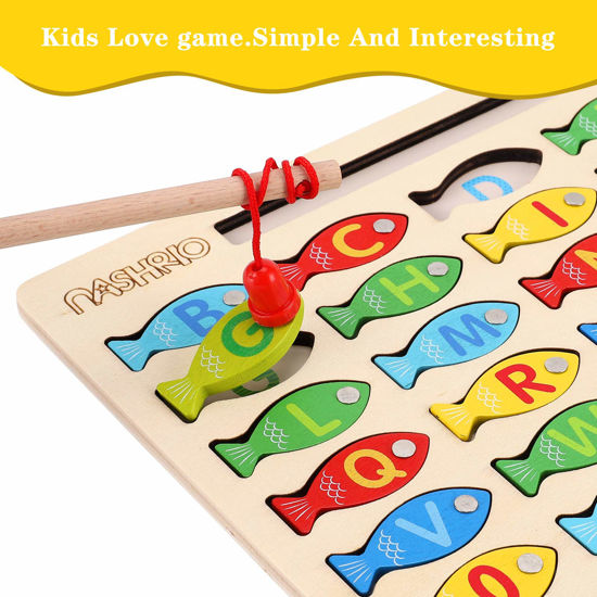 GetUSCart- Magnetic Wooden Fishing Game Toy for Toddlers, Alphabet Fish ...