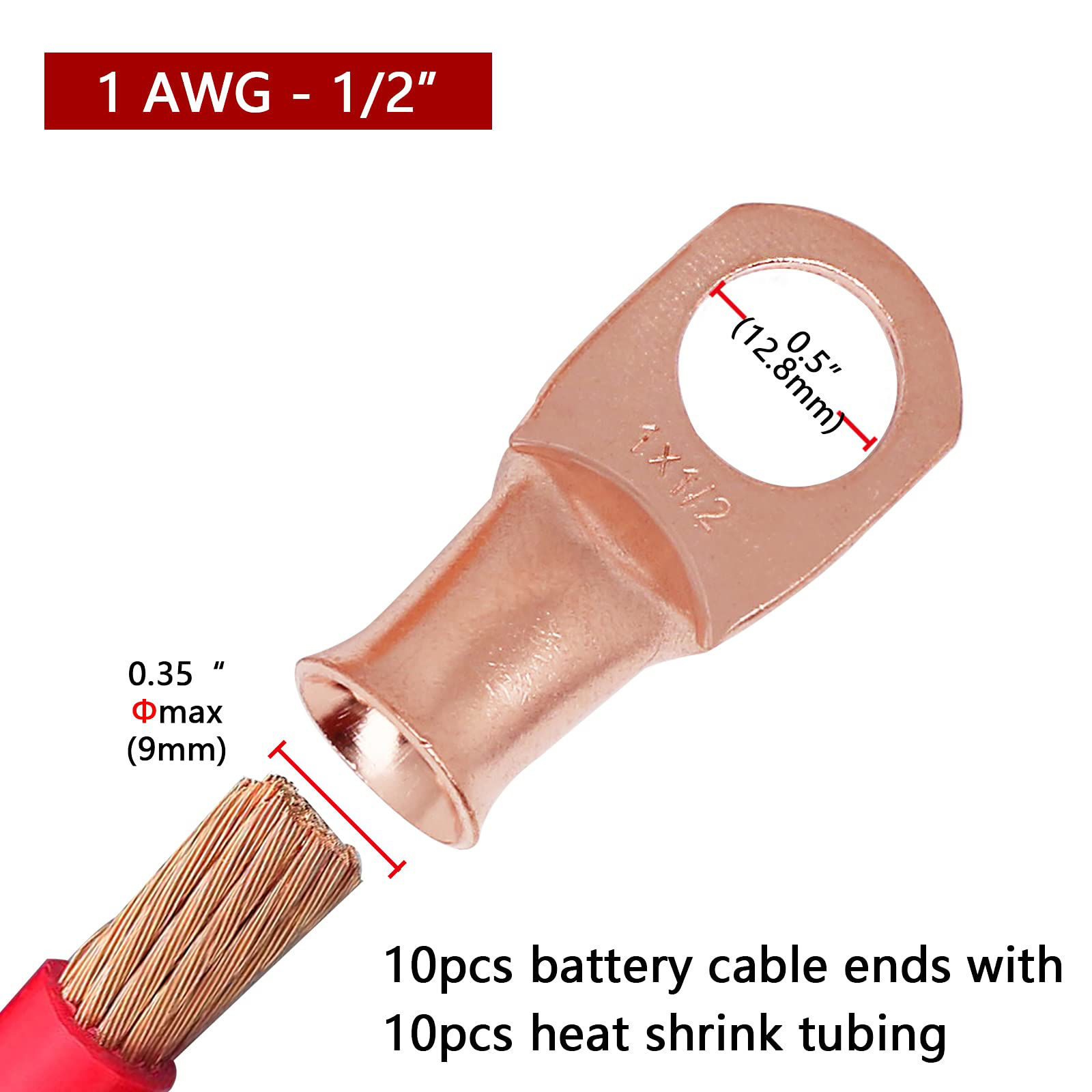 GetUSCart- TKDMR 10pcs 1 AWG-1/2" Battery Lugs,Copper Wire Lugs,Heavy ...