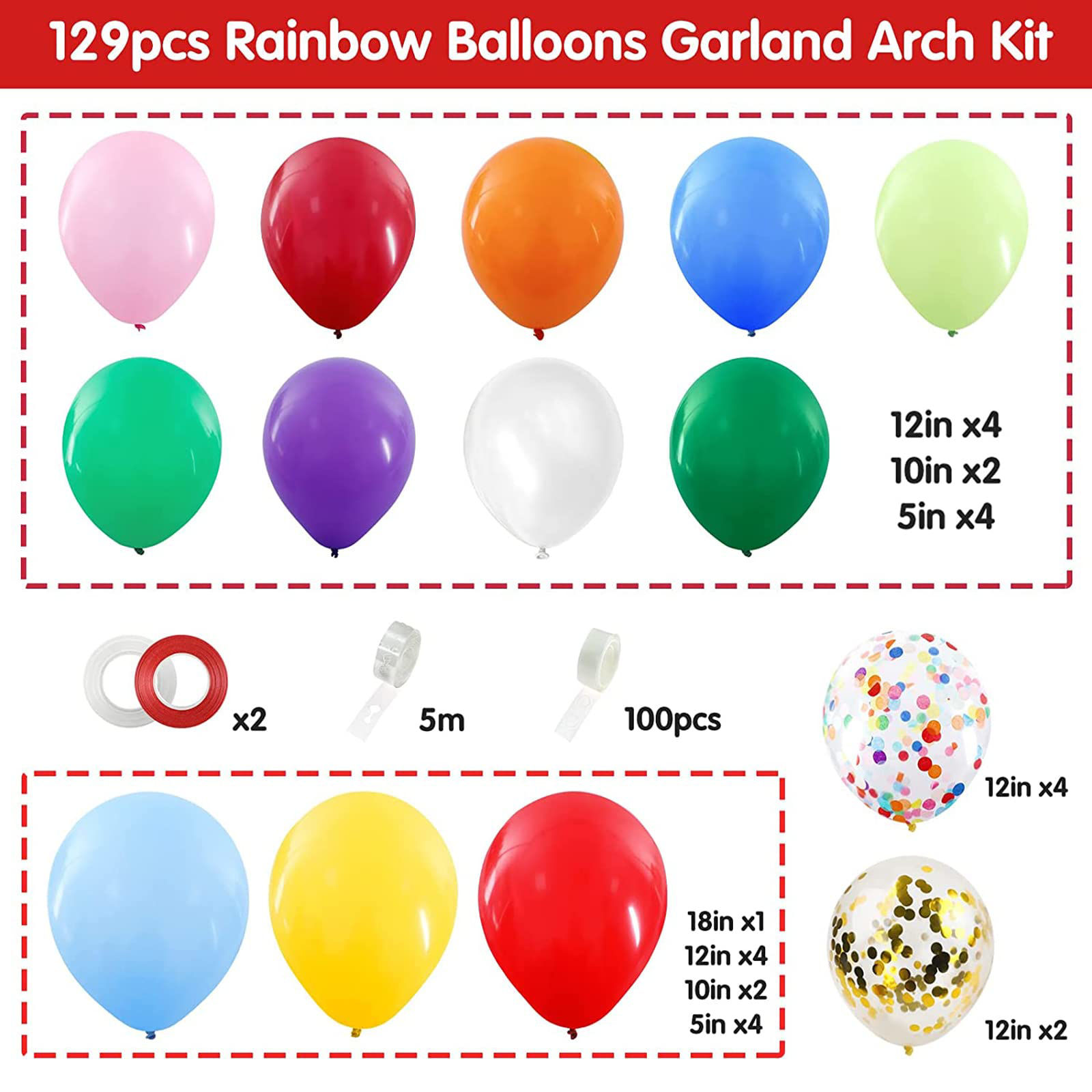 GetUSCart- RUBFAC Rainbow Balloons Garland Arch Kit, 129pcs 12 Assorted ...