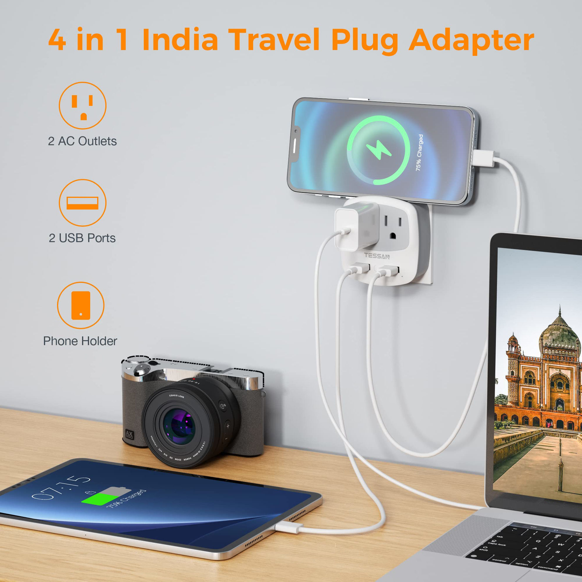 GetUSCart- TESSAN US to India Plug Adapter, Type D Travel Adaptor with ...