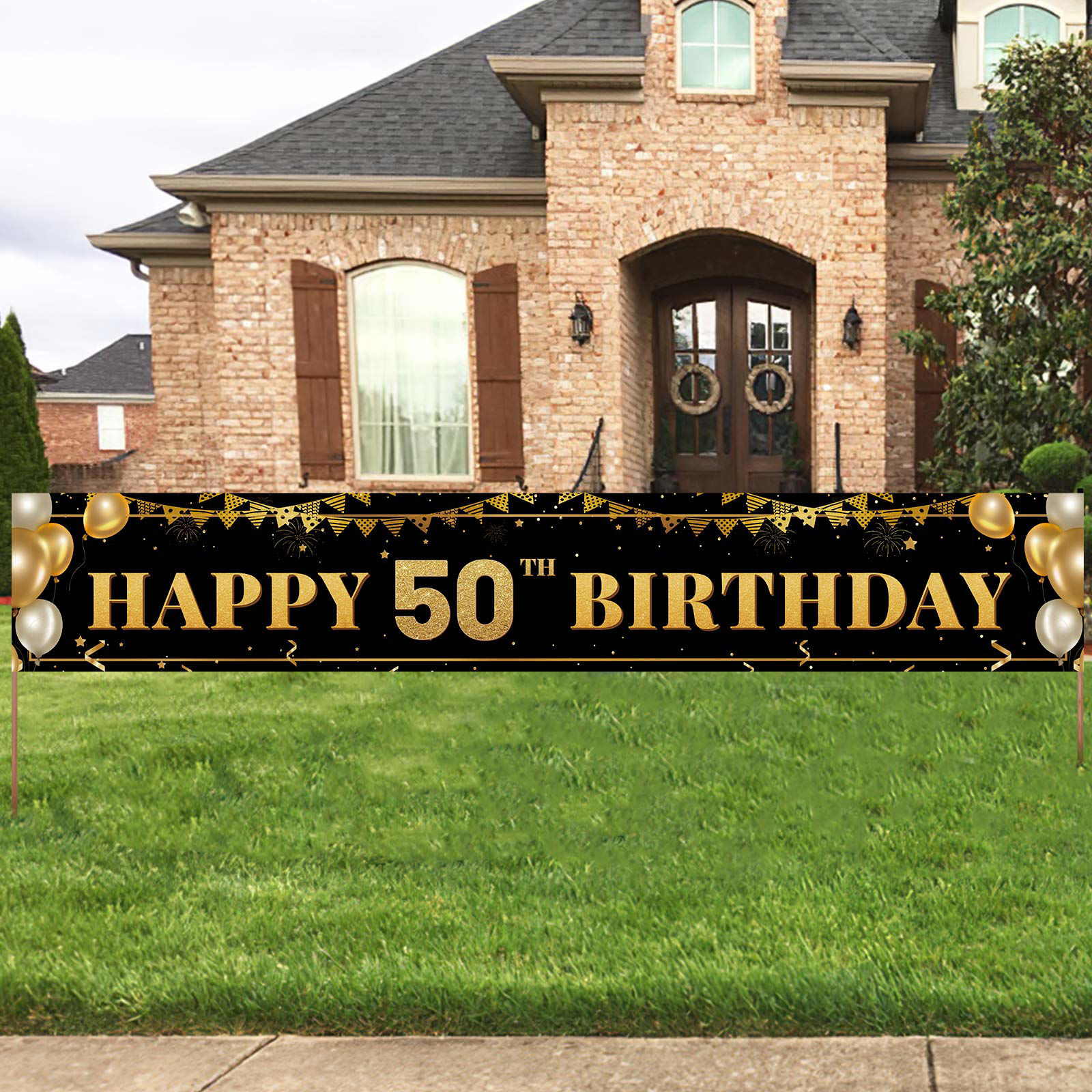 GetUSCart- Large Happy 50th Birthday Decoration Banner, Black and Gold ...