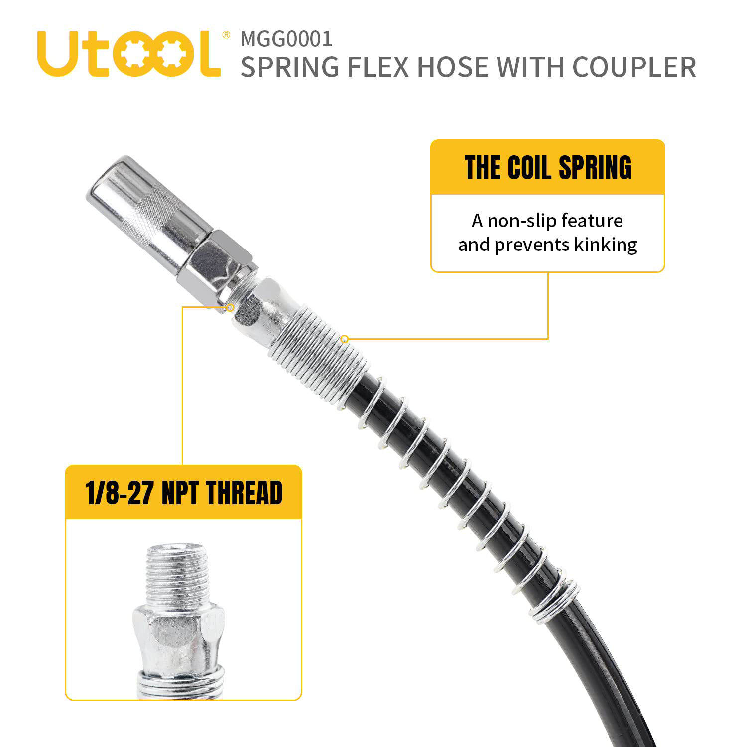 GetUSCart- UTOOL 18 Inch Spring Flex Hose & Normal Coupler Set Grease Gun
