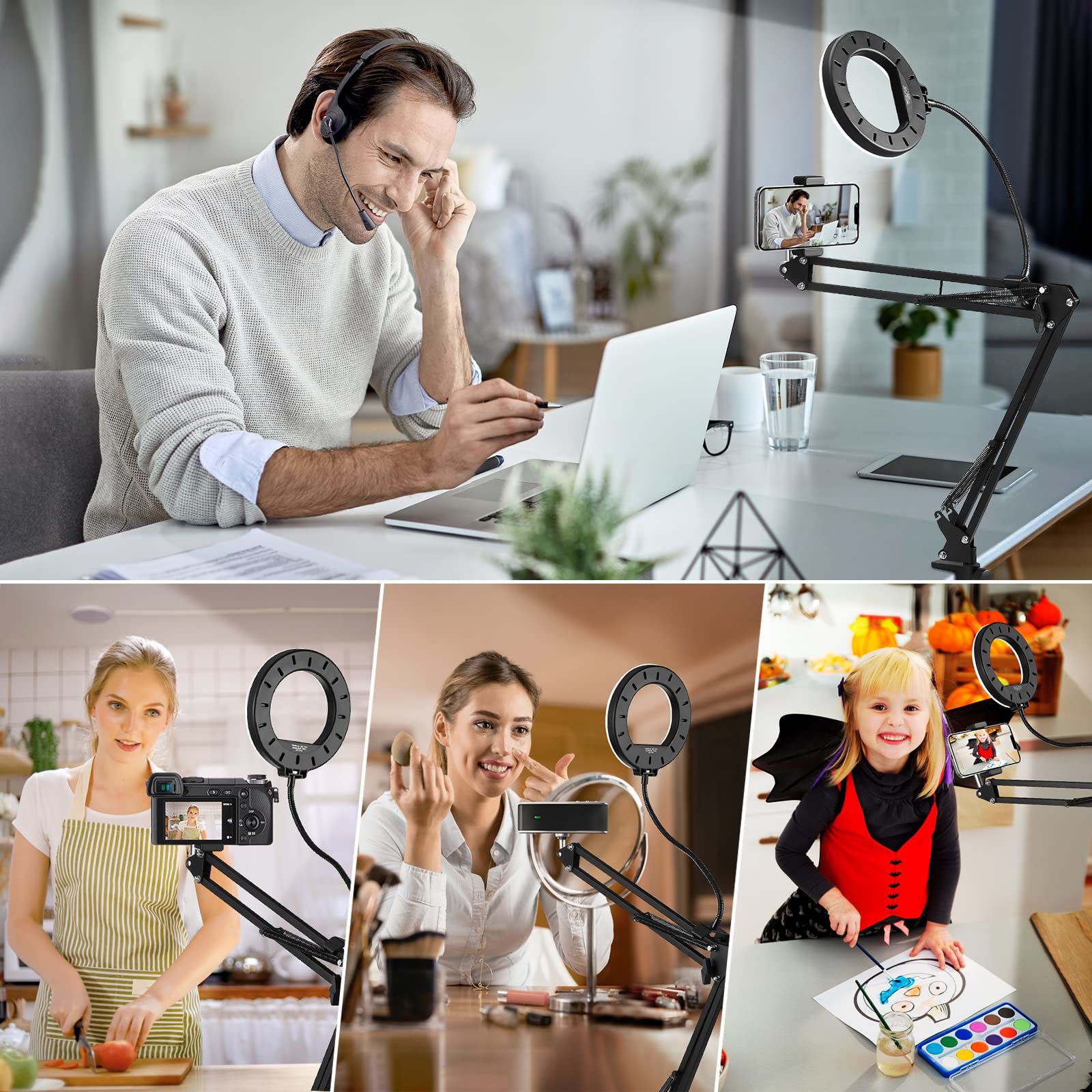 GetUSCart- Overhead Phone Mount (Max. Load 3 LBS) with 6" Ring Light, Flexible Boom Arm Desk ...