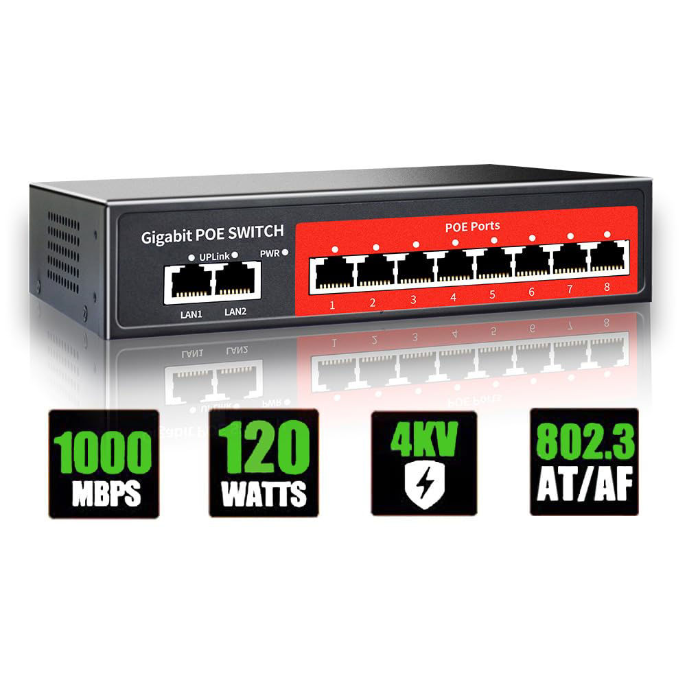 GetUSCart- 8 Port Gigabit PoE Switch with 2 Gigabit Uplink,802.3af/at ...