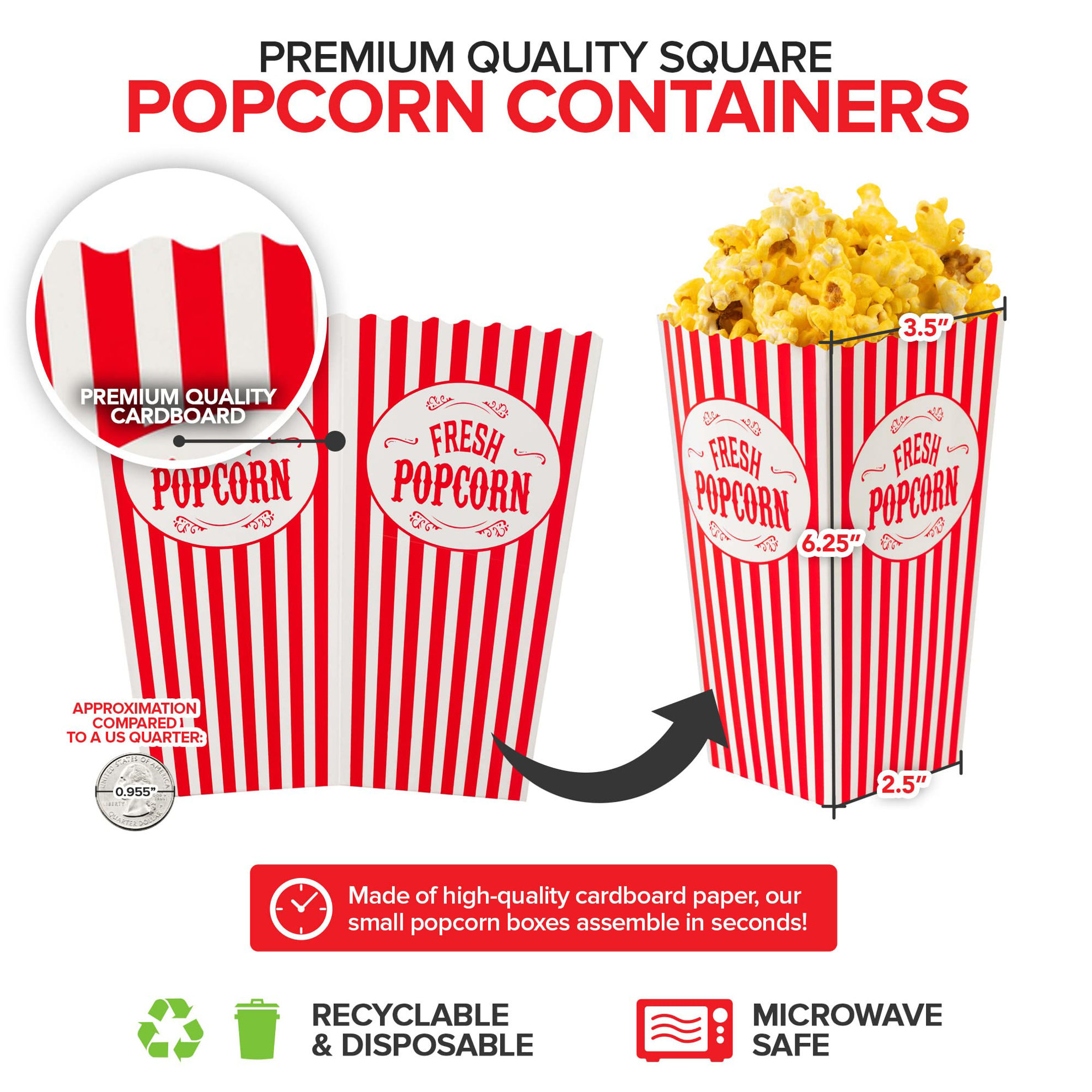 GetUSCart- [50 Pack] Movie Theater Popcorn Boxes Disposable Red & White ...