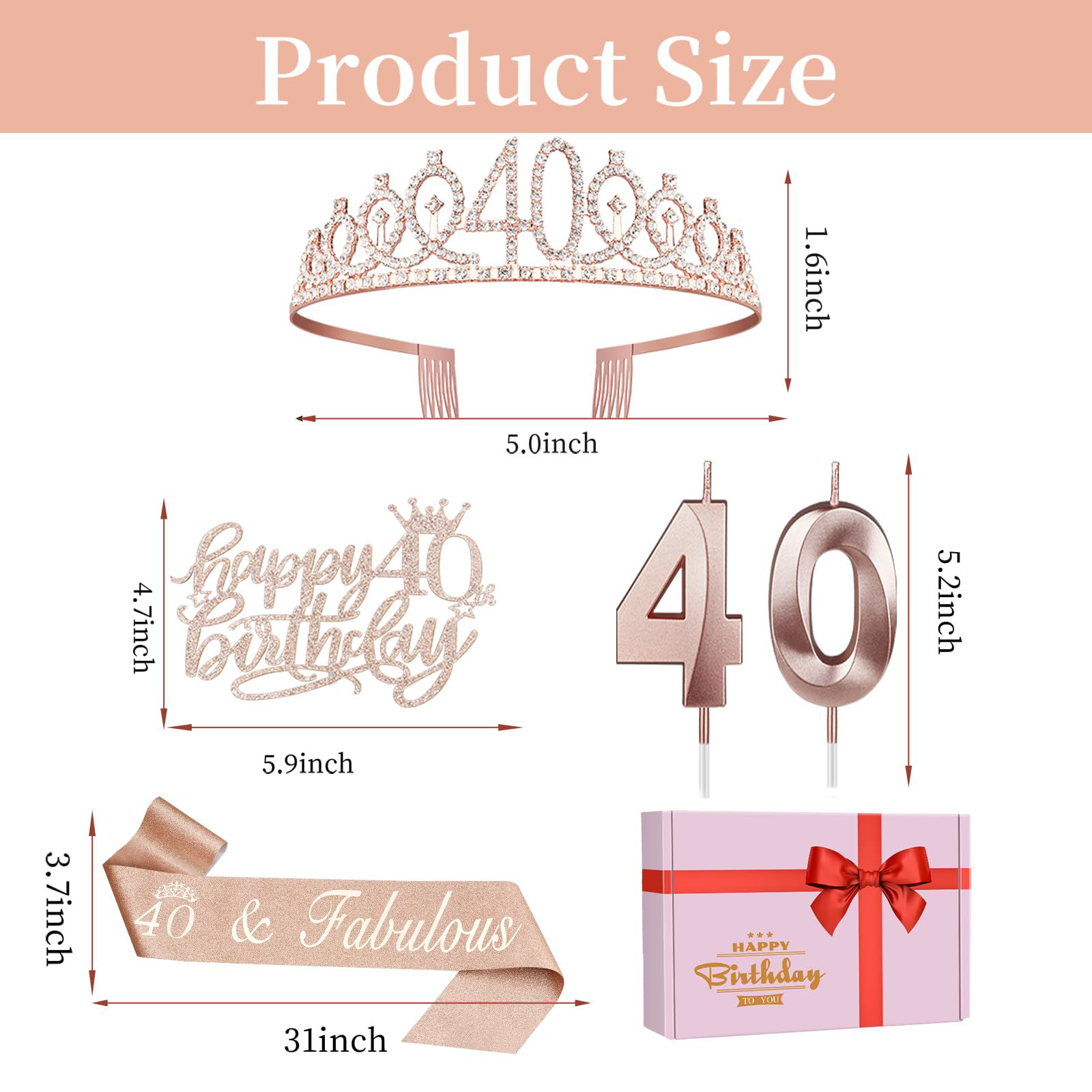 GetUSCart- 40th Birthday Gifts for Women, Including 40th Birthday Crown/Tiara, Sash, Cake Topper ...