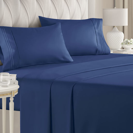 GetUSCart Queen Size Sheet Set Breathable Cooling Hotel Luxury Bed Sheets Extra Soft Deep Pockets Easy Fit 4 Piece Set Wrinkle Free Comfy Navy Blue Bed Sheets Queen Royal Sheets