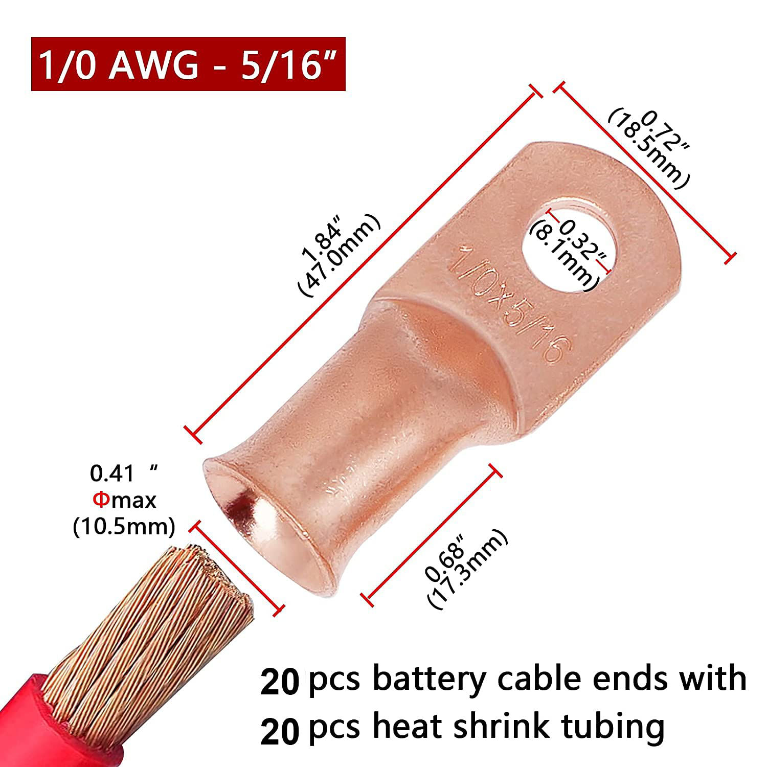 GetUSCart- TKDMR 20pcs 1/0 AWG-5/16" Battery Lugs,Copper Wire Lugs ...