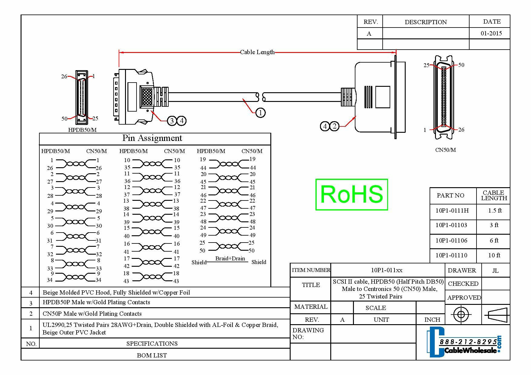 GetUSCart- CableWholesale SCSI II Cable, Half Pitch DB50 Male to Centronics 50 Male, HPDB50 to ...