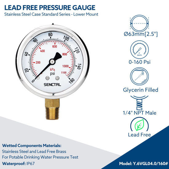 GetUSCart- SENCTRL 160 Psi Lead-Free Glycerin Liquid Filled Low Pressure Gauge, 2.5" Dial Size ...