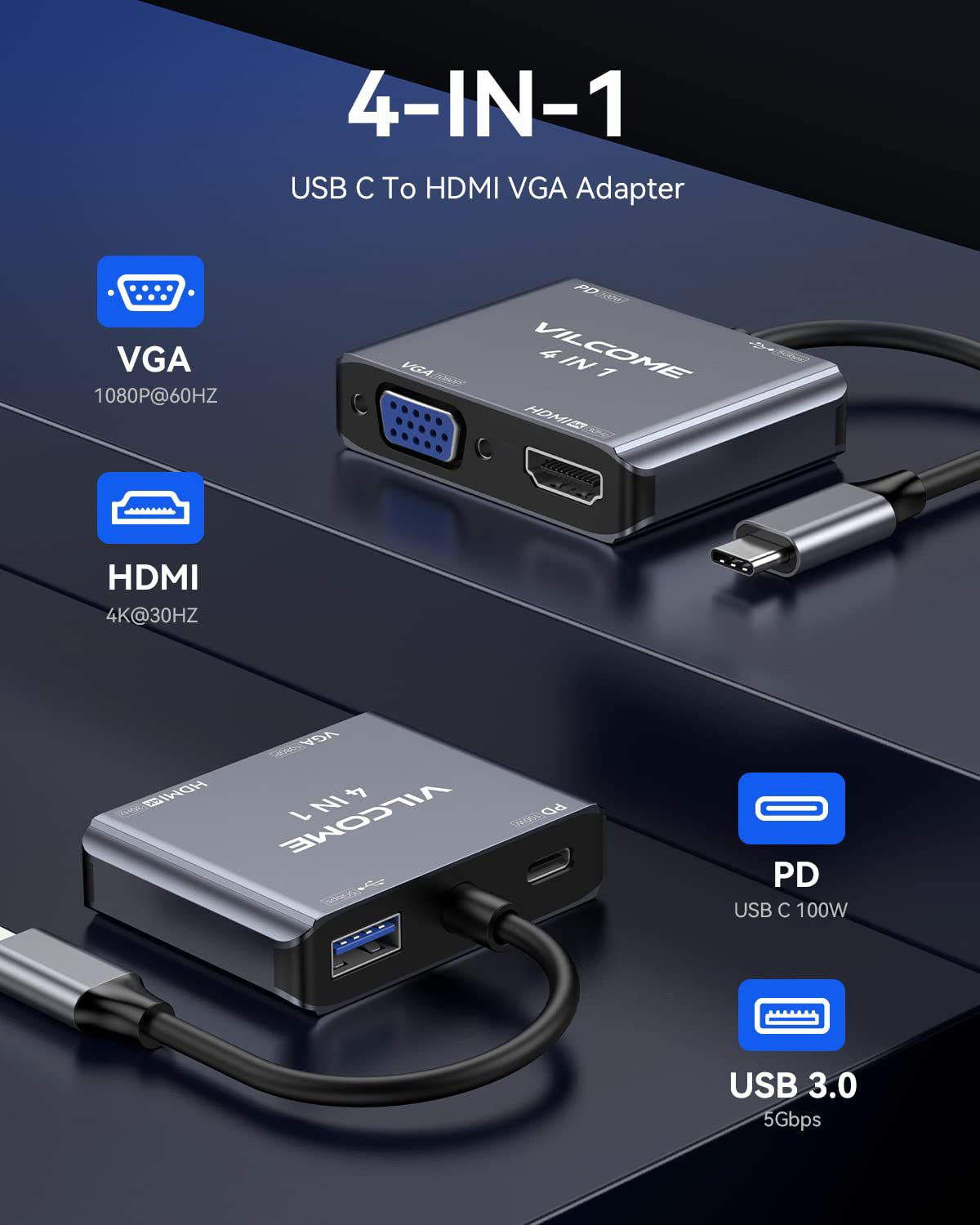GetUSCart- USB C to VGA Adapter Multiport, Vilcome USB Type C to HDMI ...