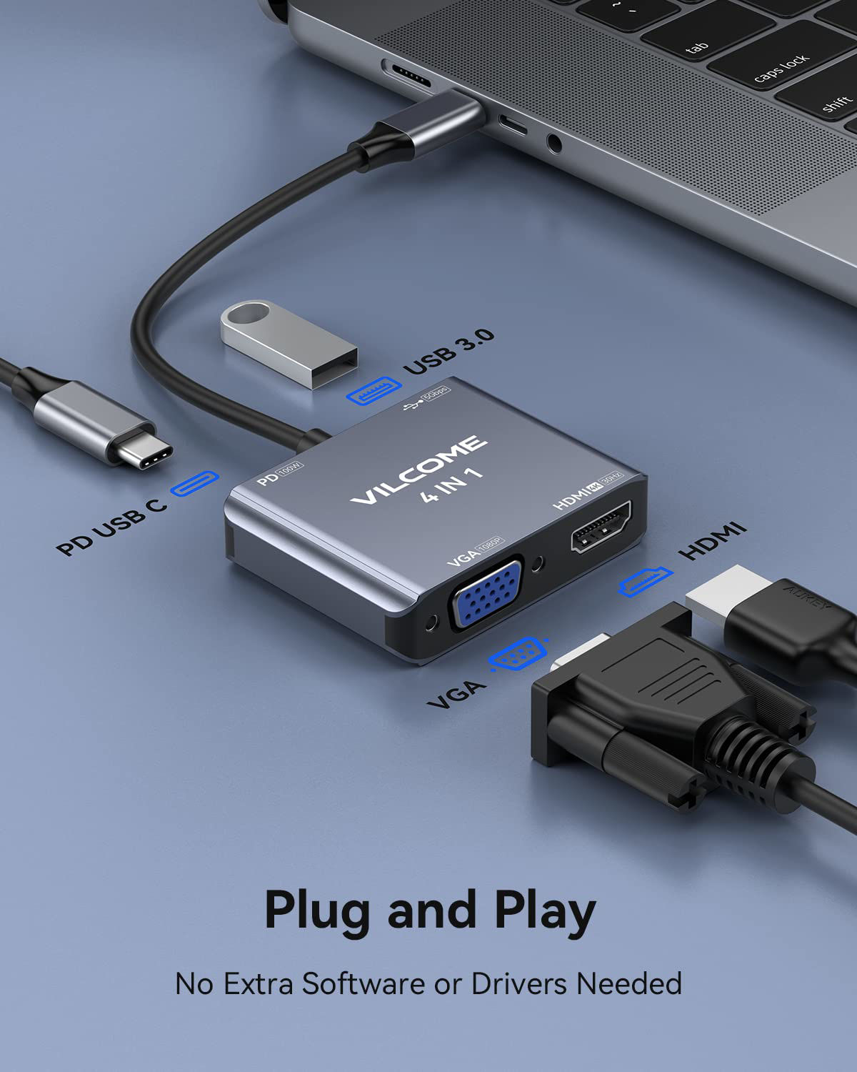 GetUSCart- USB C to VGA Adapter Multiport, Vilcome USB Type C to HDMI ...