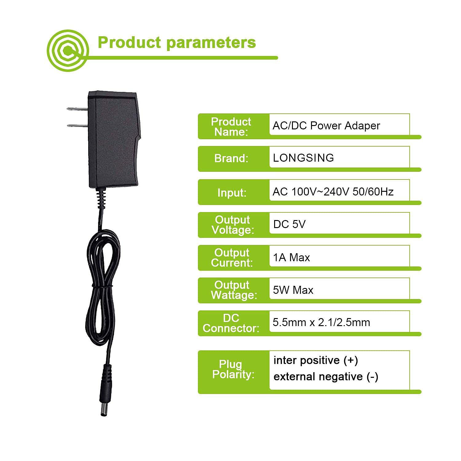 GetUSCart- 5V 1A Power Supply Adapter, 5V 1A AC DC Adapter, AC 100-240V ...