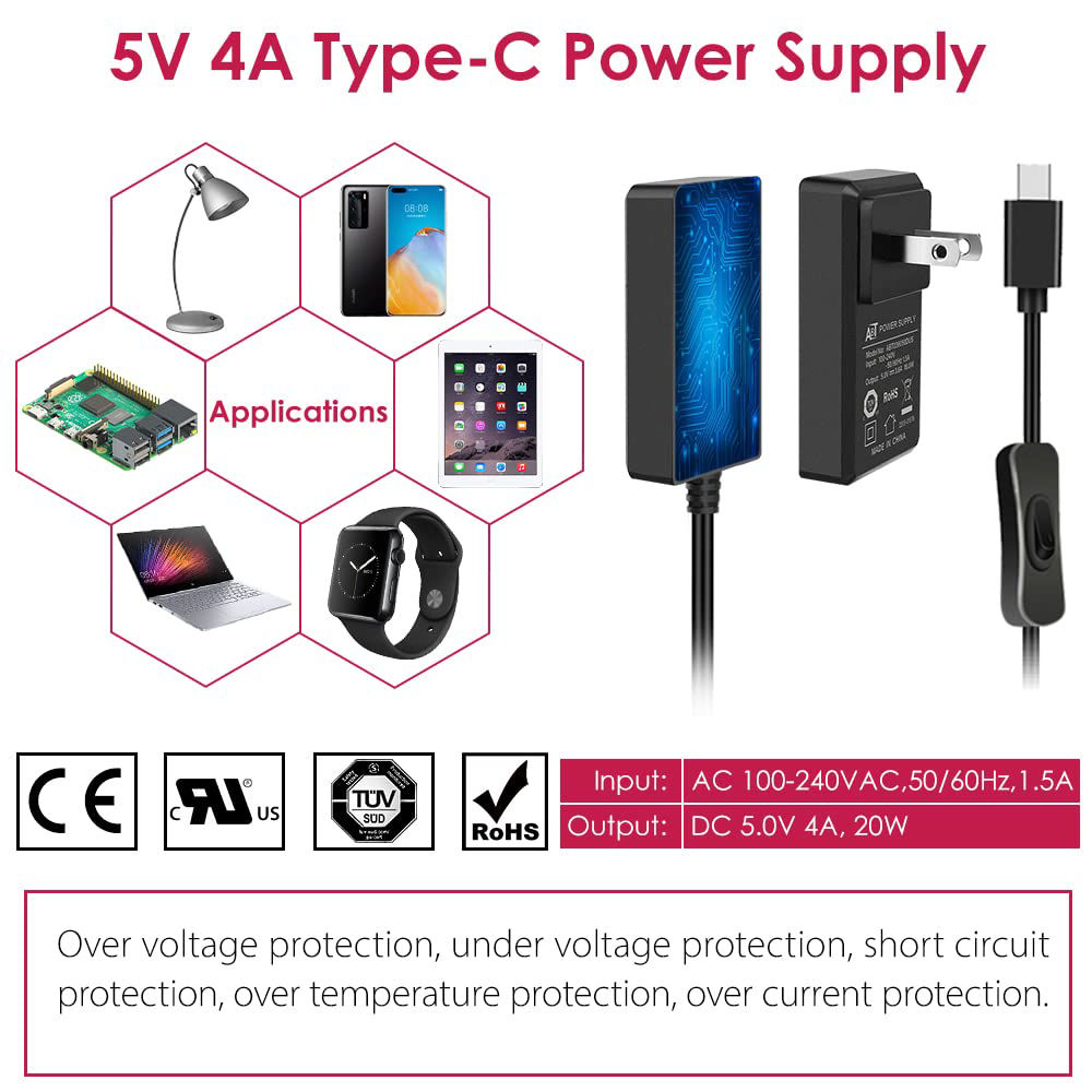 GetUSCart- GeeekPi 20W 5V 4A Power Supply for Raspberry Pi 4/Orange Pi 5&5B, UL Listed Type C ...