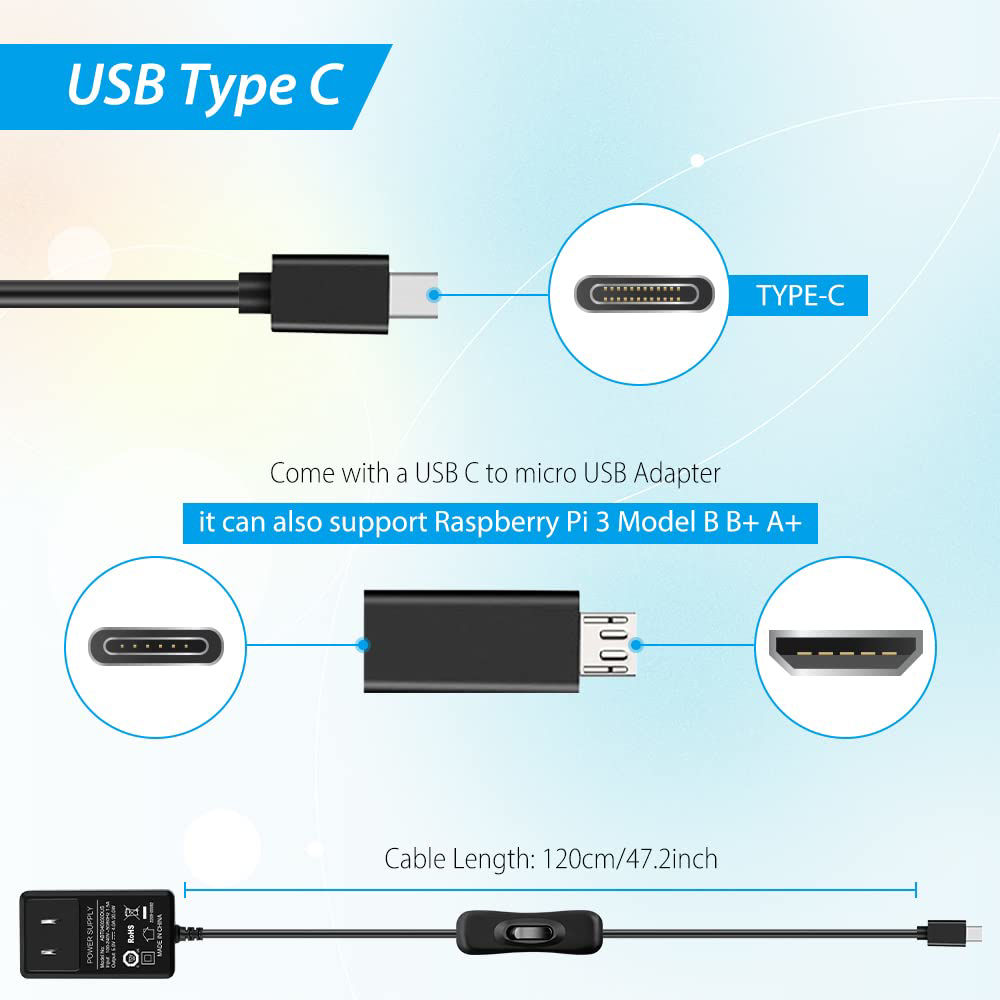 GetUSCart- GeeekPi 20W 5V 4A Power Supply for Raspberry Pi 4/Orange Pi ...