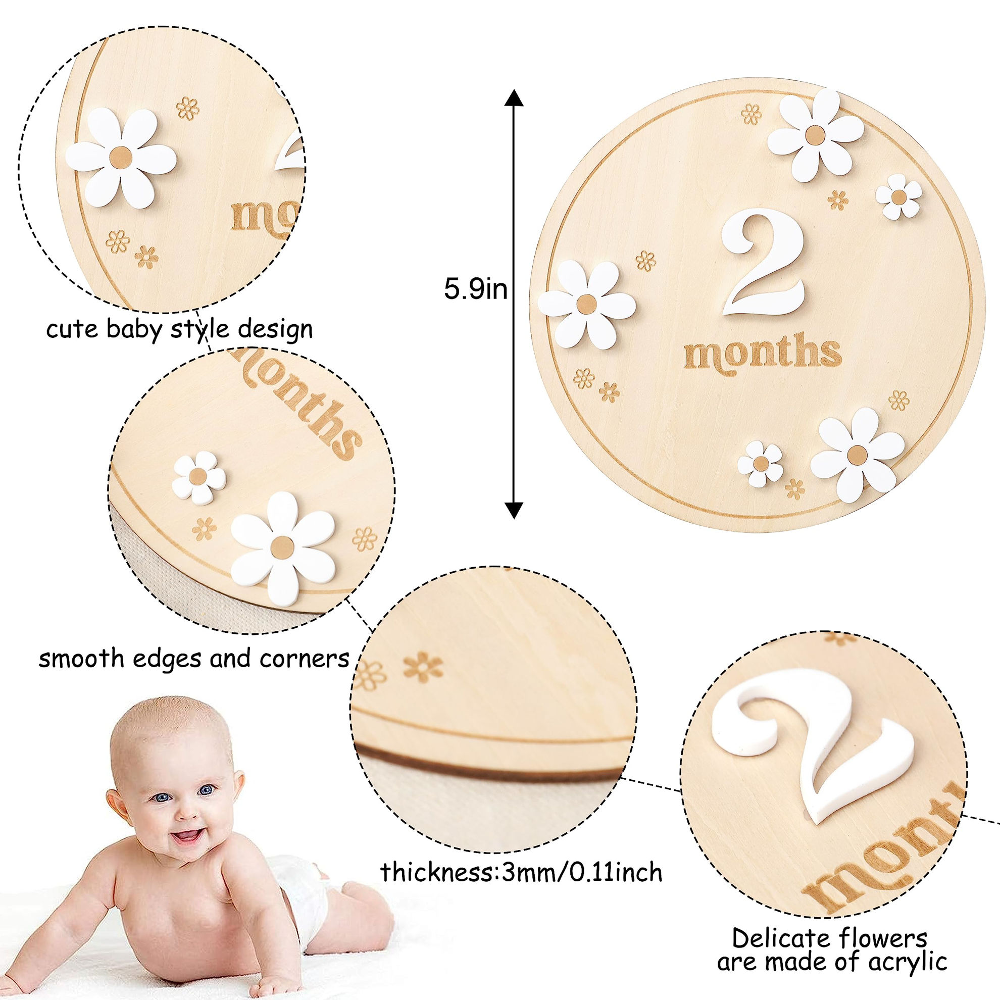 GetUSCart- Wooden Boho Daisy Flower Milestone Cards - 1Month Milestone ...