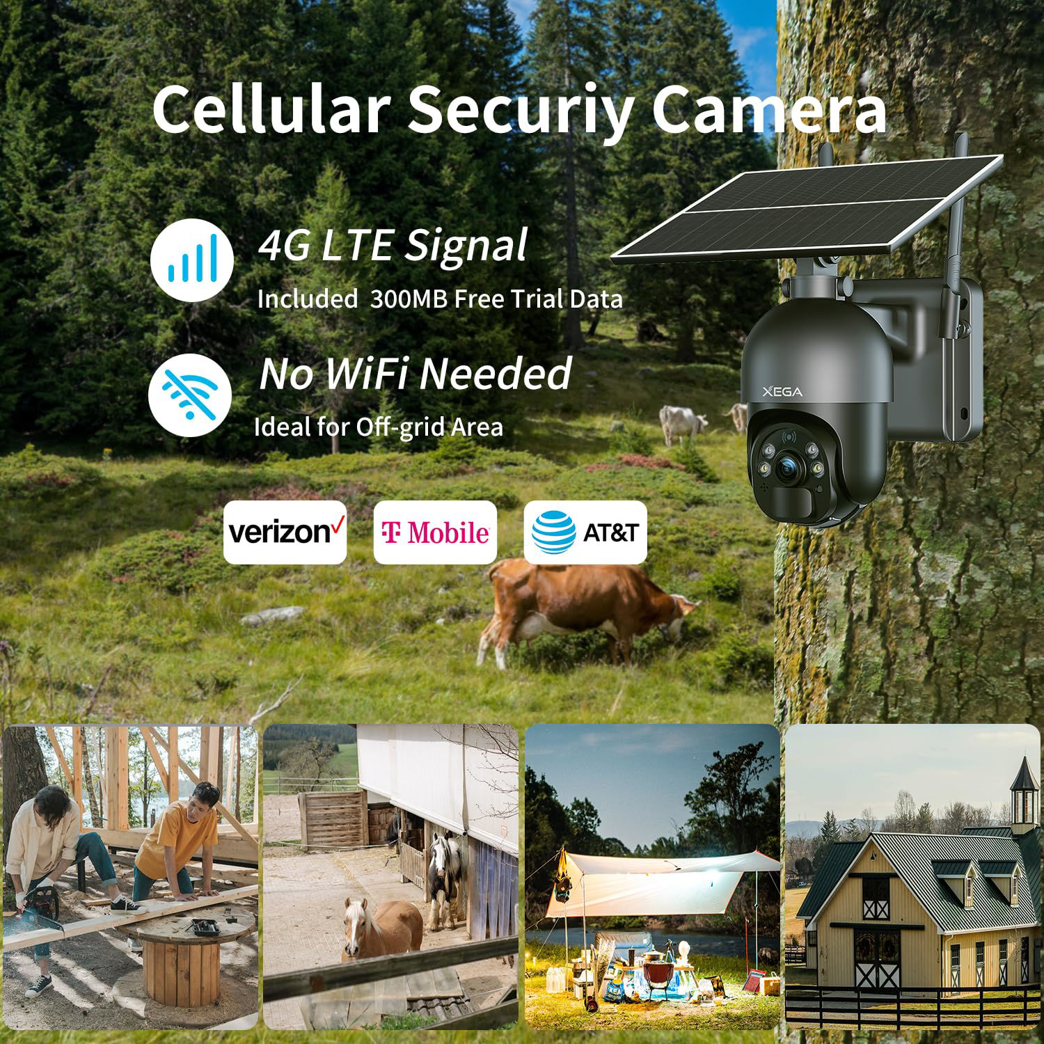 GetUSCart- Xega 4G LTE Cellular Security Camera Outdoor Solar Camera ...