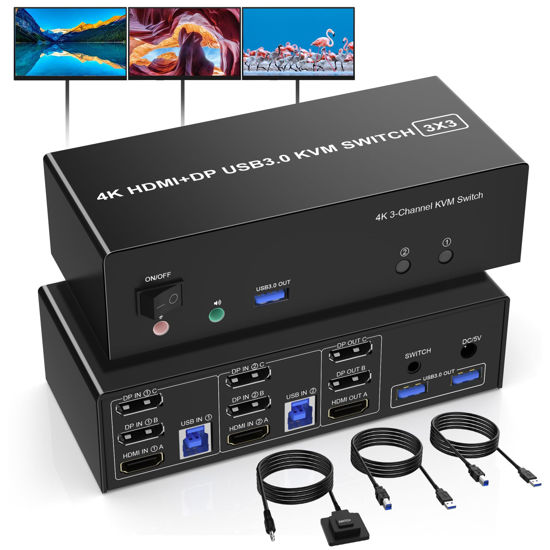 GetUSCart- 2 Displayport + HDMI USB 3.0 KVM Switch 3 Monitors 2 ...