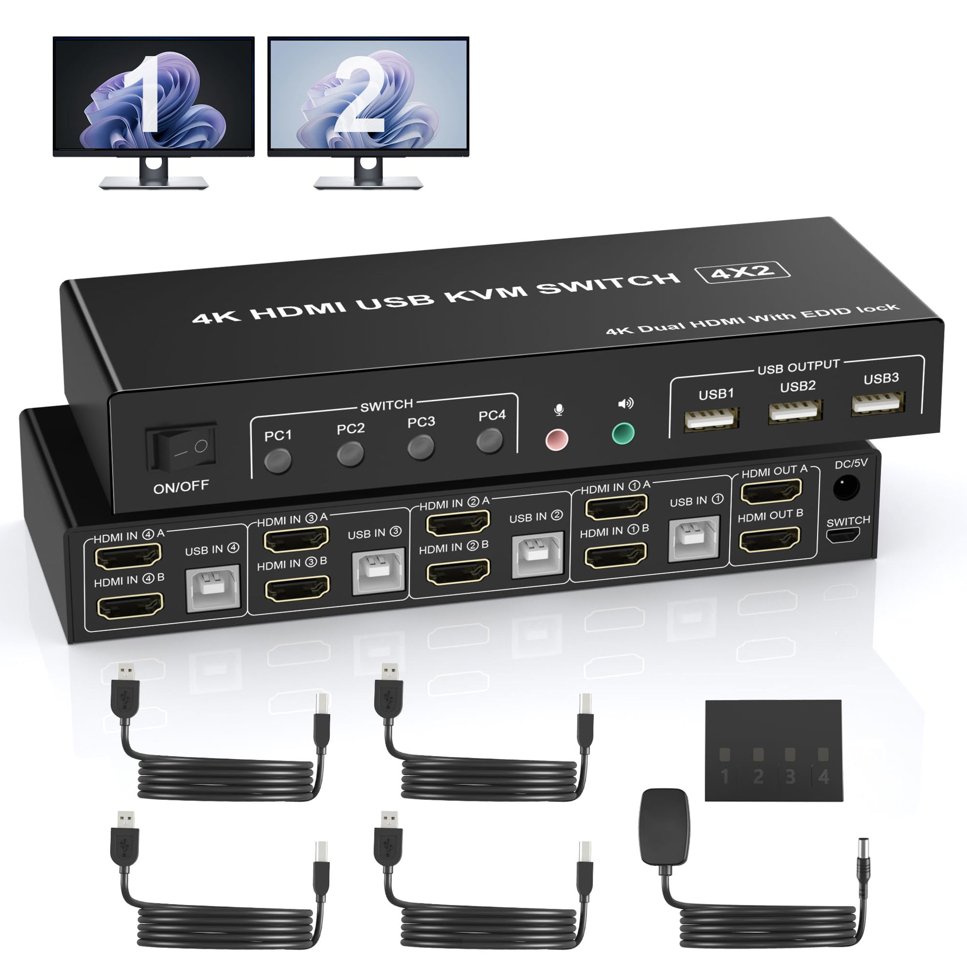GetUSCart- 4 Port HDMI Dual Monitor KVM Switch, Supports EDID, 4K 60Hz ...