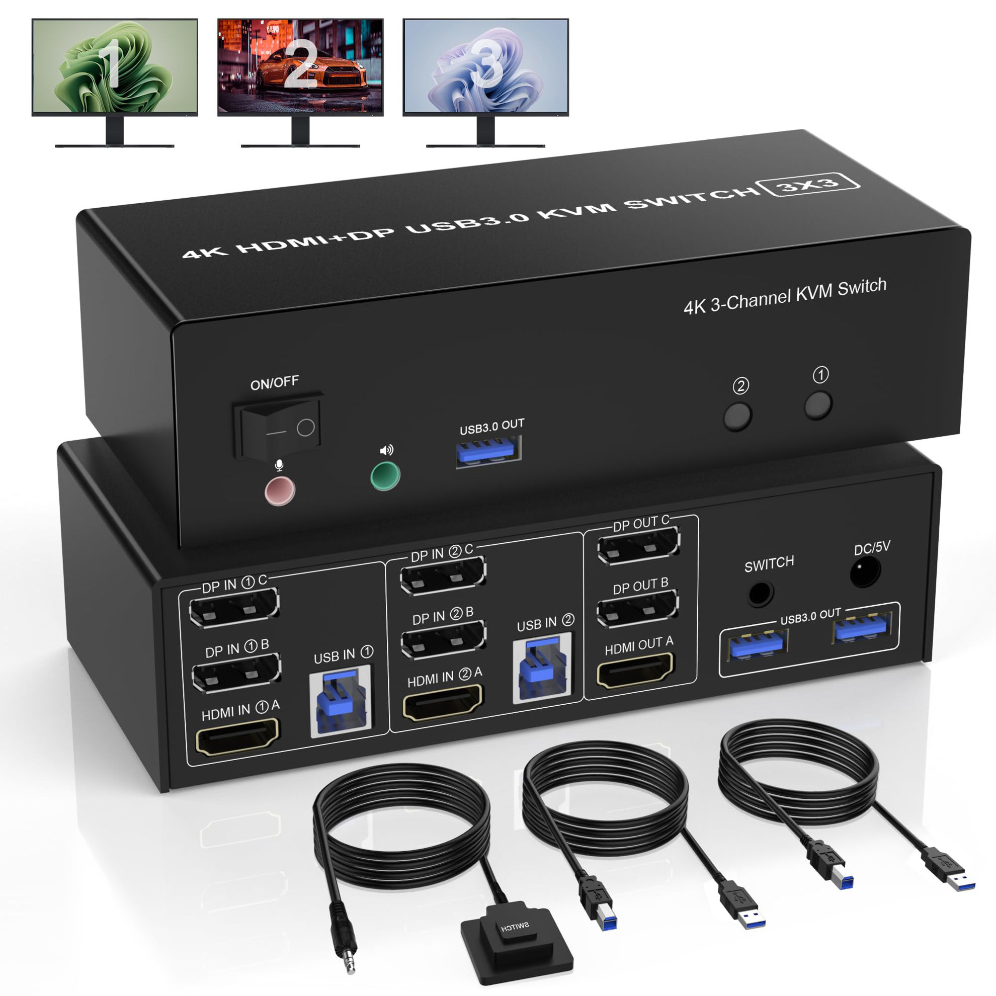 GetUSCart- USB 3.0 HDMI + 2 DisplayPort KVM Switch 3 Monitors 2 Computers, 4K@60Hz Triple ...